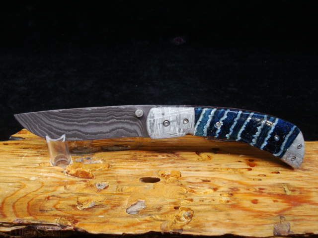 BRMeteoriteDamascusMuonionalustaSodbusterWithBlueFossilizedMammothTooth